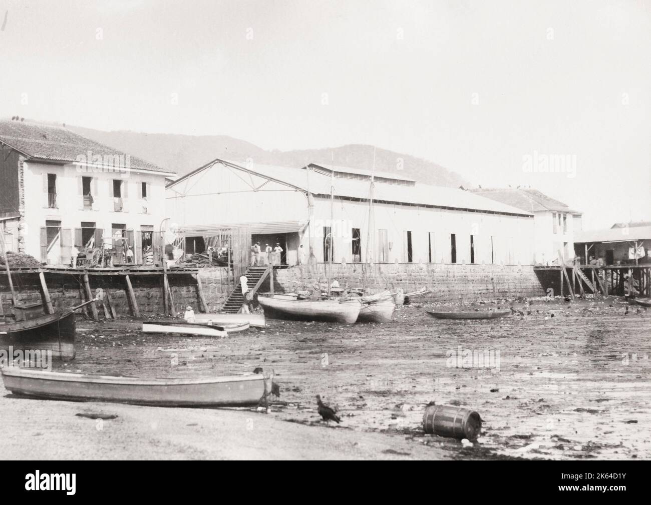 Vintage 19th century photograph: market landing place, Panama, boats on ...