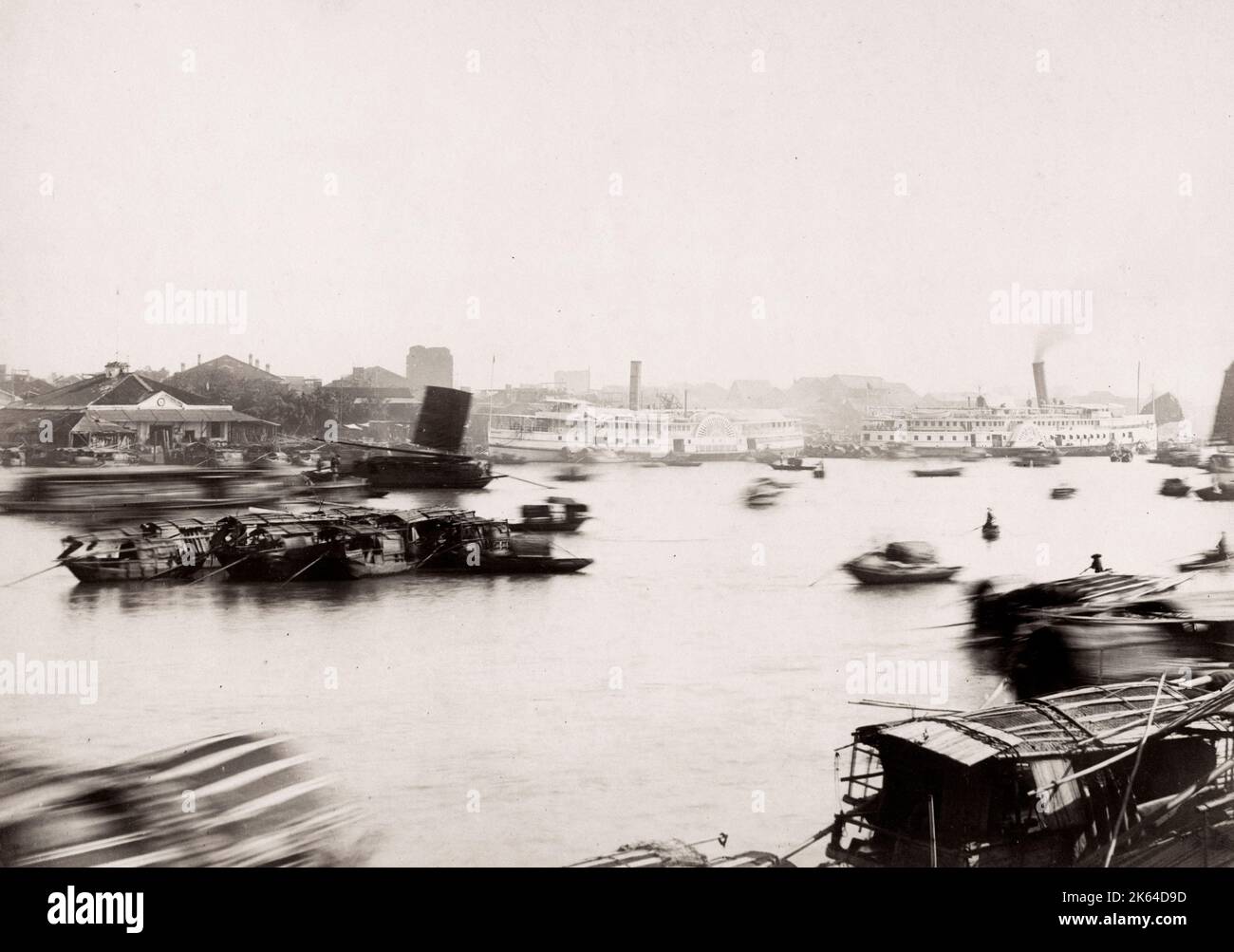 Vintage late 19th century photograph: River, boats and steamer, likely ...