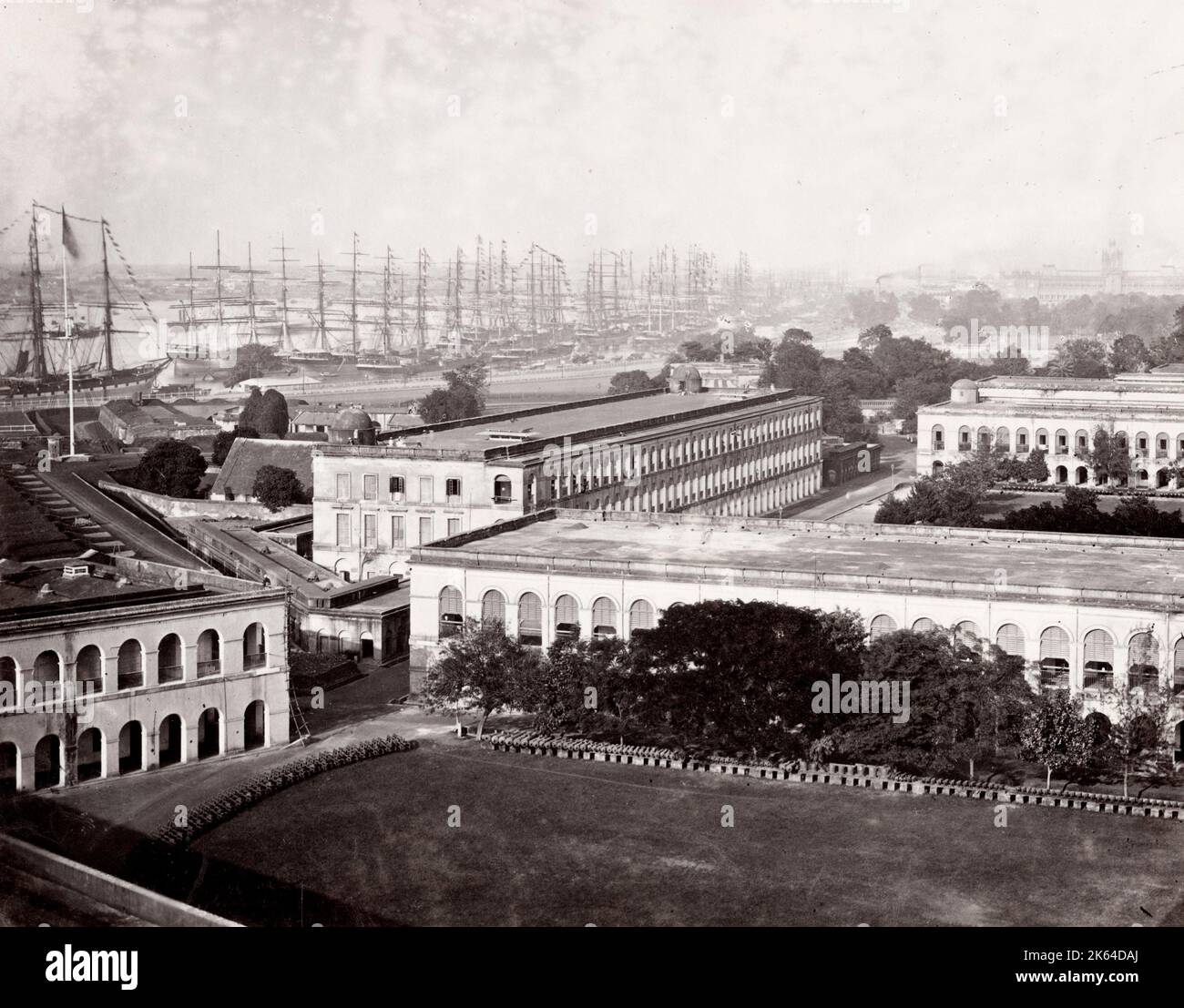 Vintage late 19th century photograph: Ships and buildings along Hooghly ...