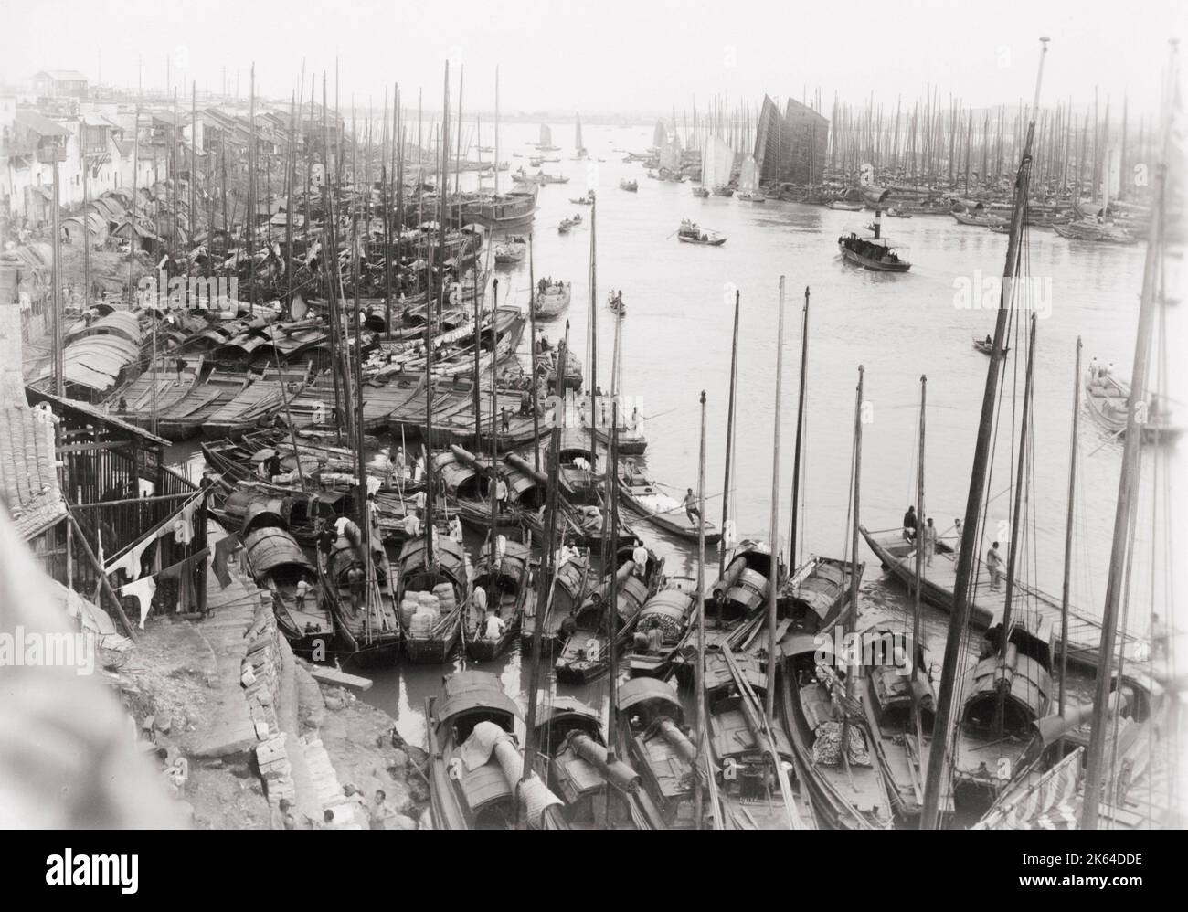 Boats tied up along Yangtze River, China, c.1910, likely Hankow ...