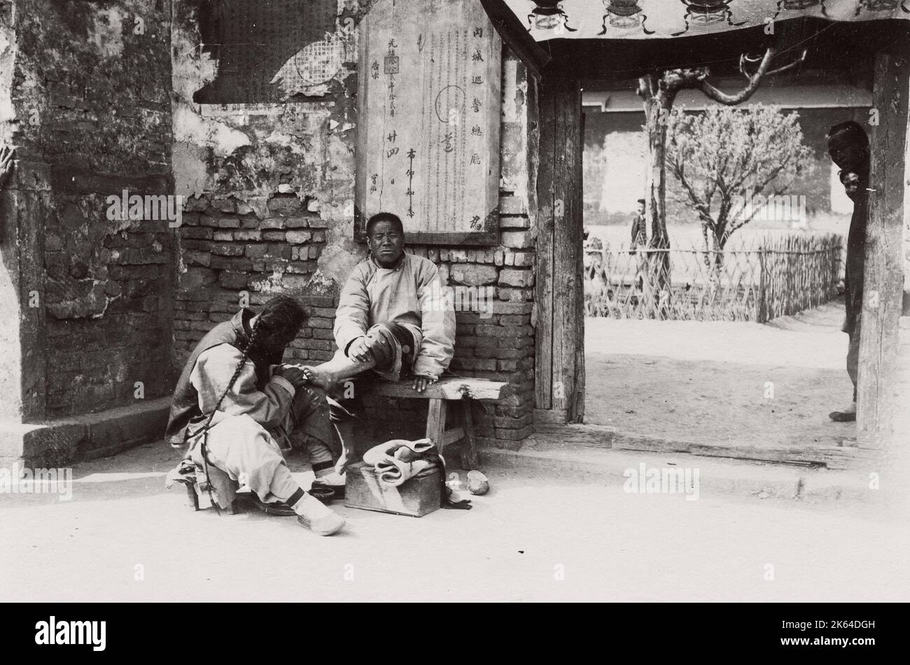 Early 20th Century Photograph Daily Life Man Having His Toenails Cut On The Street China C