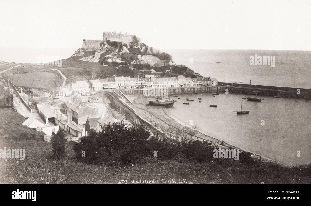Vintage 19th century photograph: Mont Orgueil is a castle in Jersey ...