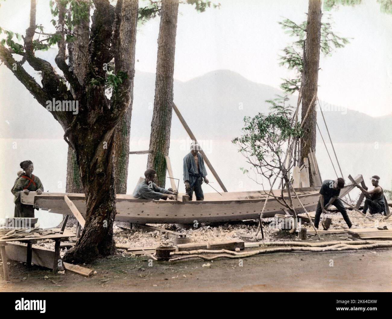 Late 19th century vintage photograph: Carpenters, boat builders at work ...