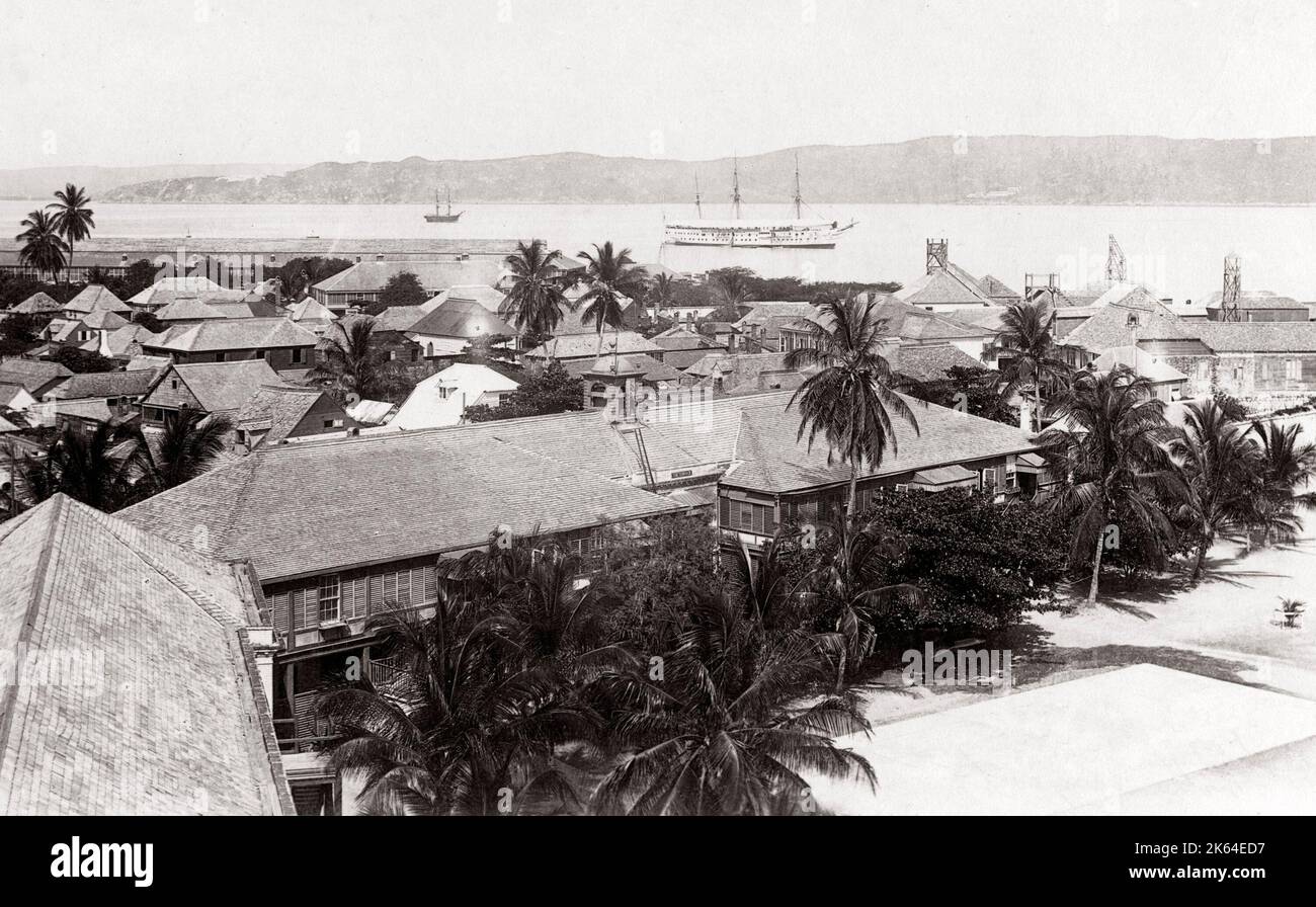 1891 - West Indies, Port Royal Jamaica with HMS Urgent at anchor Stock ...