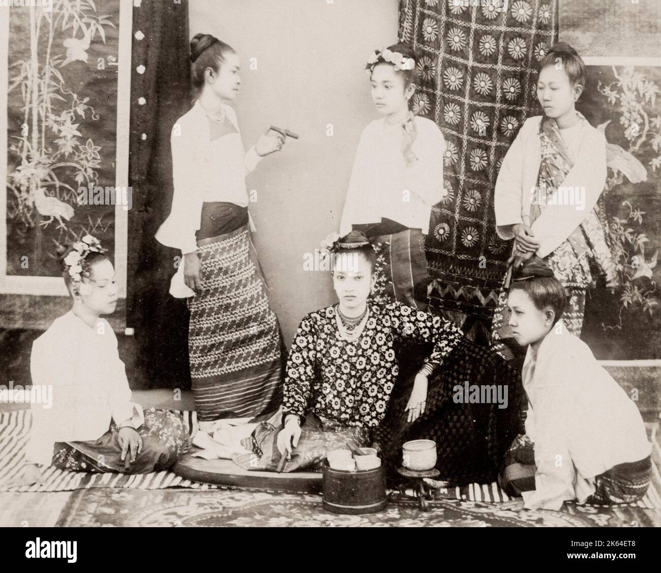 Vintage 19th century photograph: a Burmese lady and her attendants ...