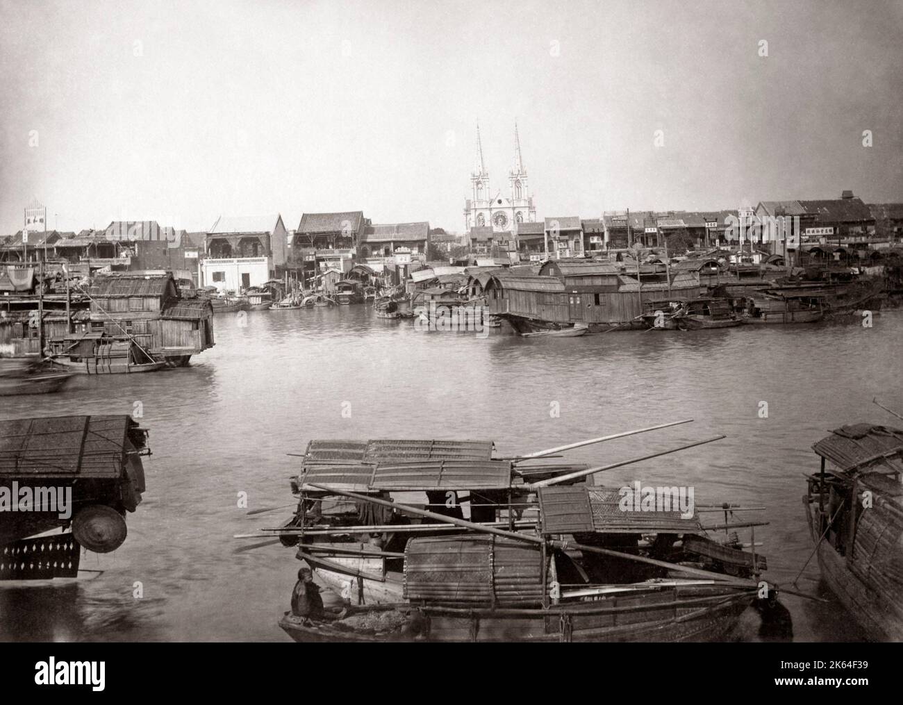 Boats and Sacred Heart Cathedral, Canton (Guangzhou) China, c.1890 ...