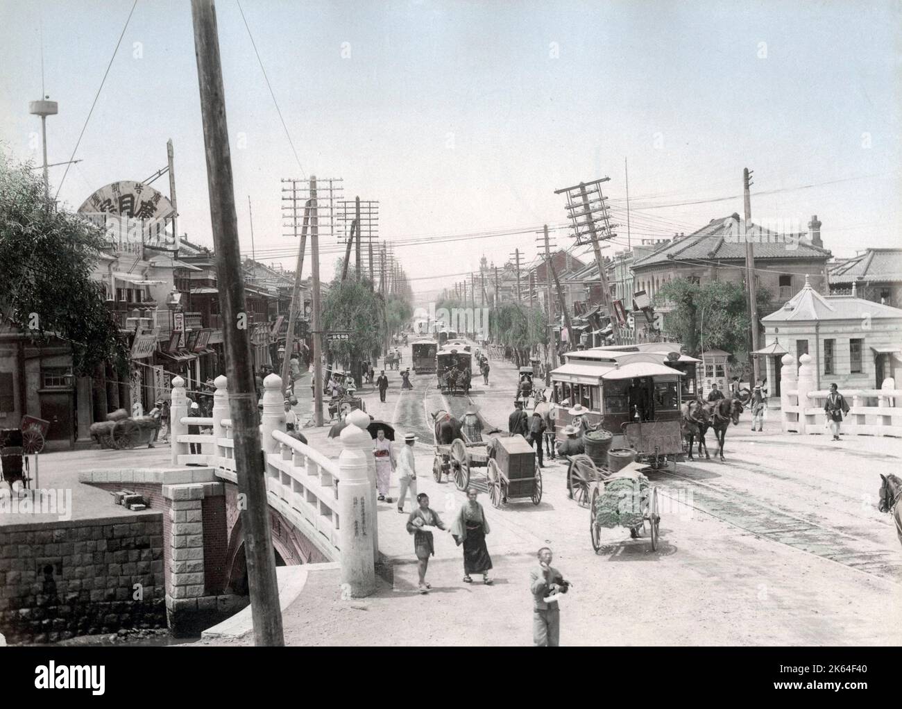 Traffic, trams, telegraph poles, Tokyo, Japan, c.1890's Vintage late ...