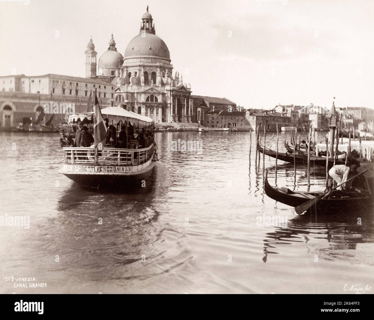 19th century vintage photograph: tourist boaat and gondolas on the ...