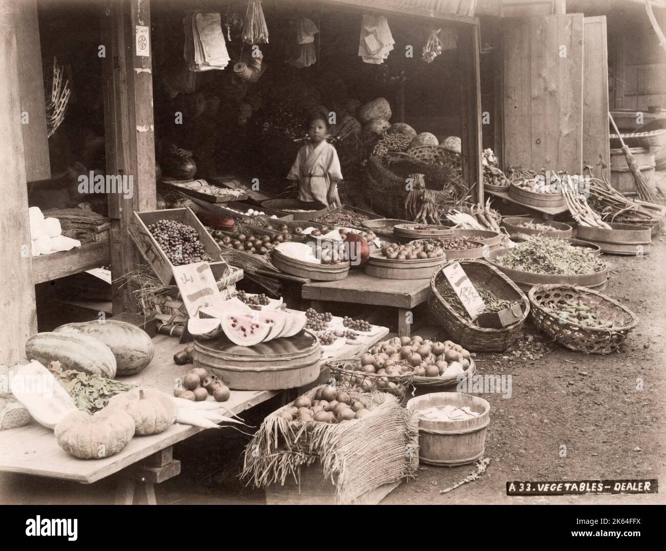 19th century vintage photograph: vegetable shop store stall, Japan, c ...