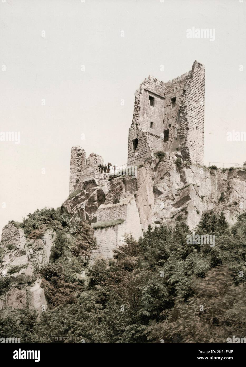 Vintage 19th century photograph: The ruined castle Burg Drachenfels ...