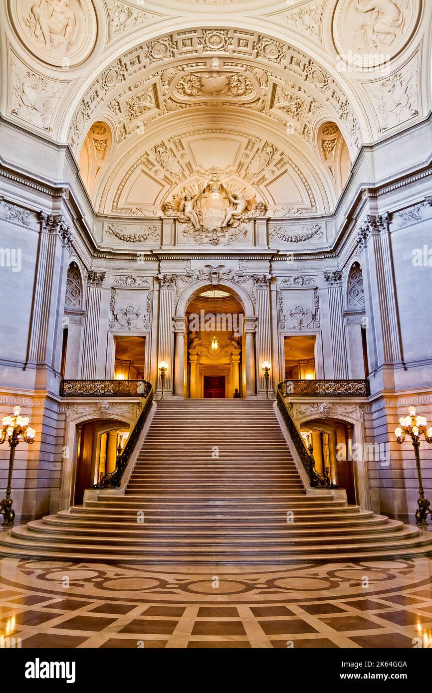 A vertical shot of the main hall interior of the San Francisco City ...