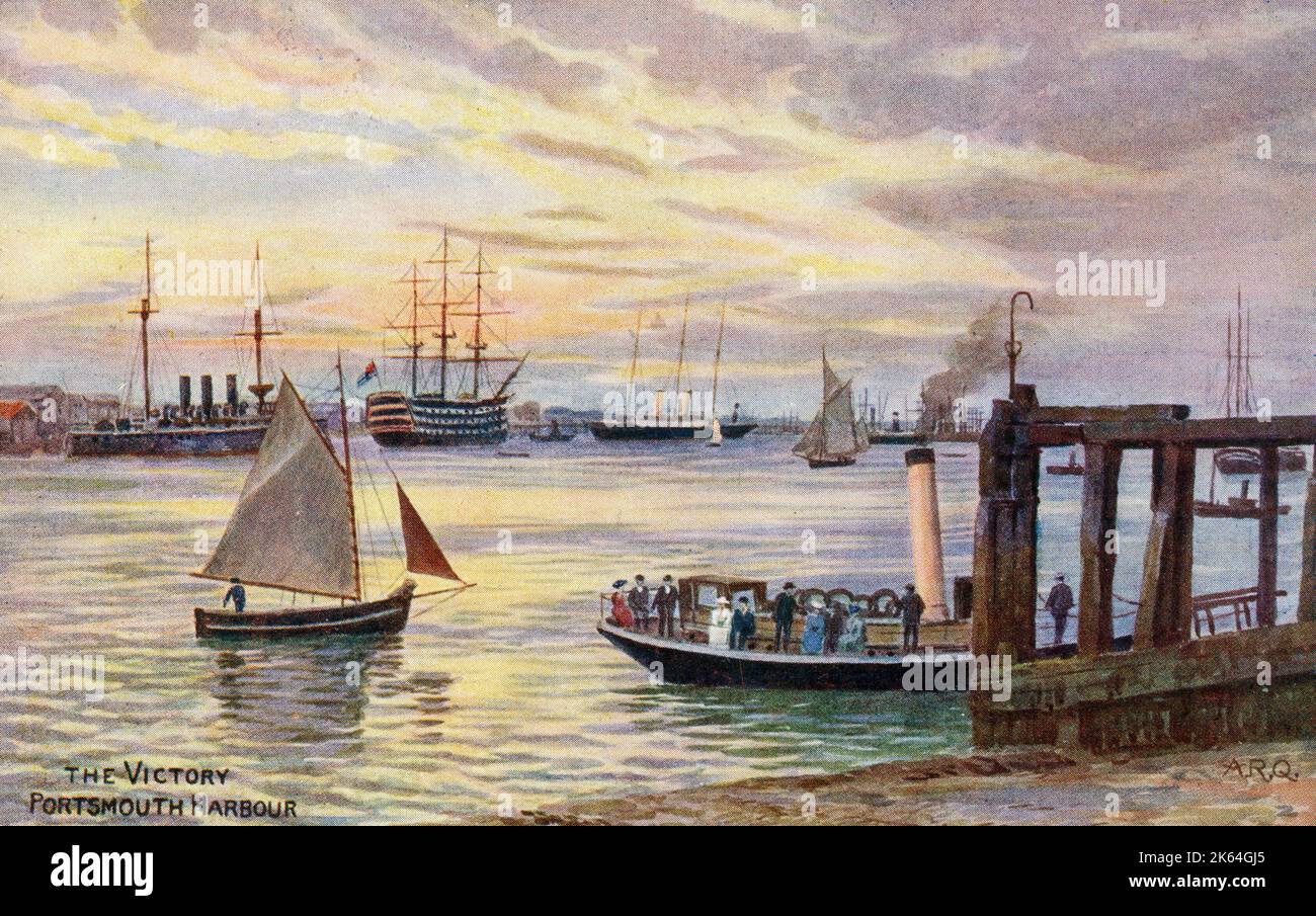 Admiral Nelson's flagship 'The Victory' in Portsmouth Harbour. Date ...