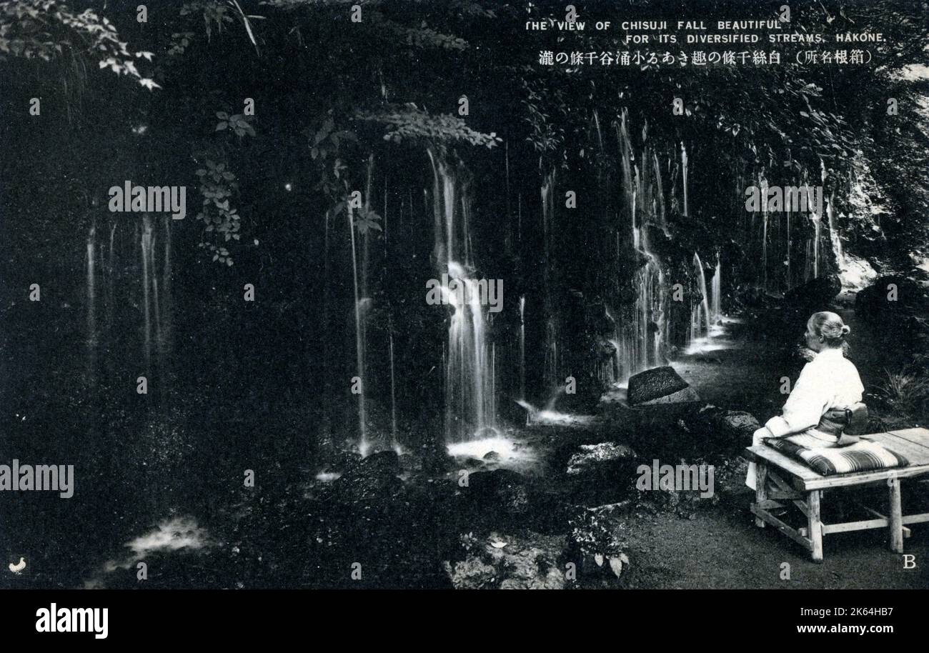 Chisuji Falls, Hakone, Japan - a small waterfall with string-like lines ...