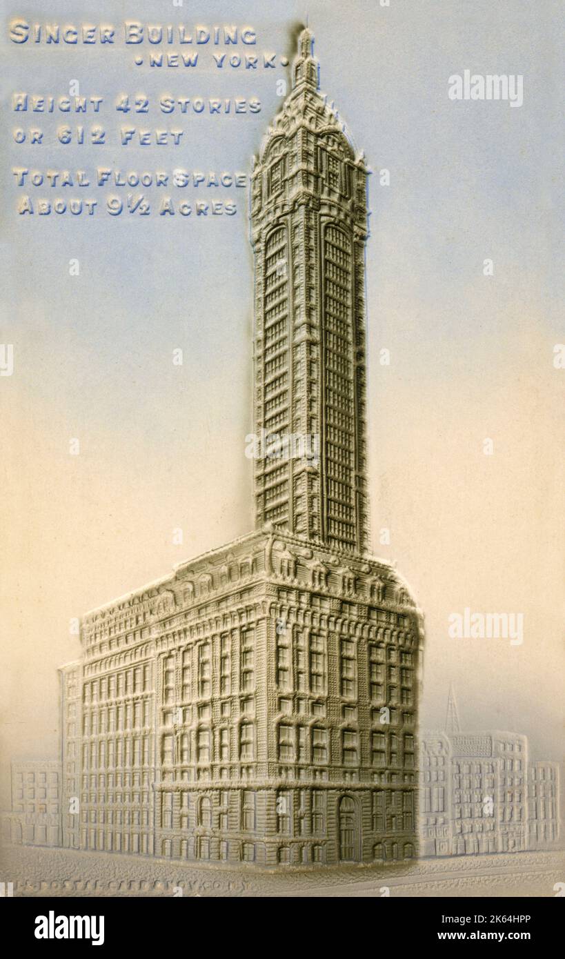 A fabulous embossed postcard of the Singer Building, New York City, USA ...
