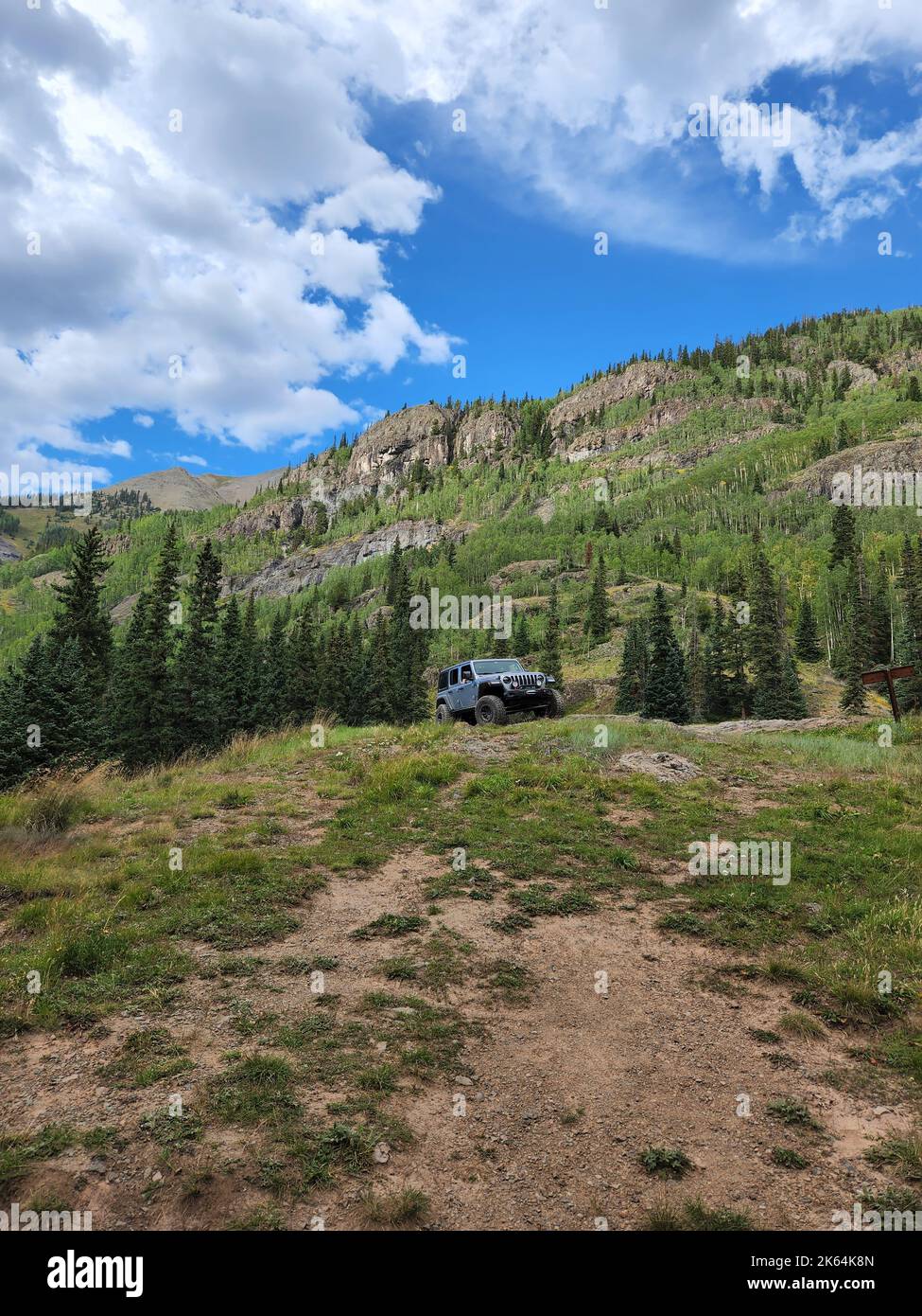 A beautiful view of an off-road car on a hill with green trees Stock ...
