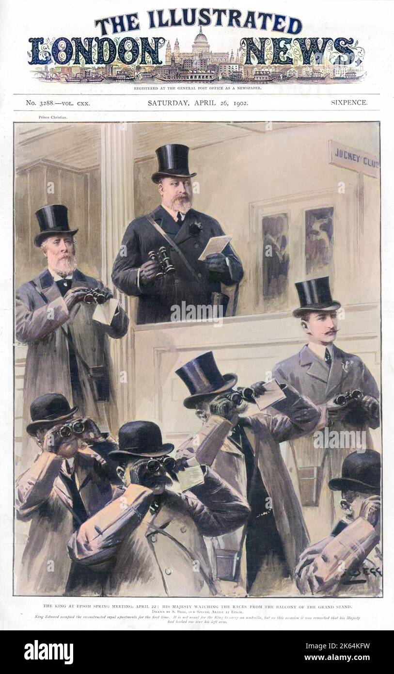 King Edward VII watches the racing at Epsom from the Grand Stand Stock ...