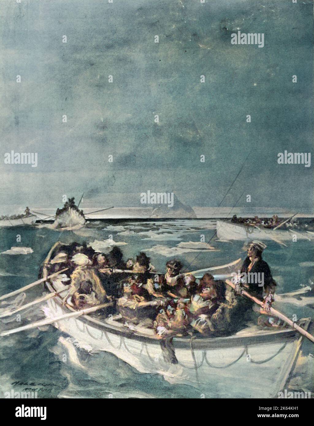 A group of lifeboats showing the scenes immediately after the sinking ...