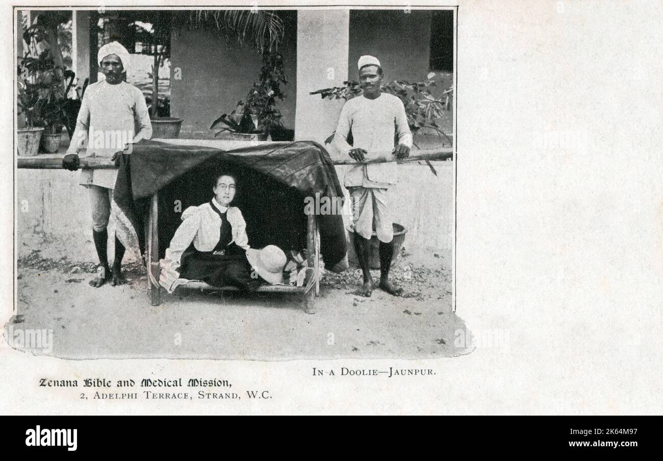 A Smart European Missionary Woman transported in a 'Doolie', a simple ...