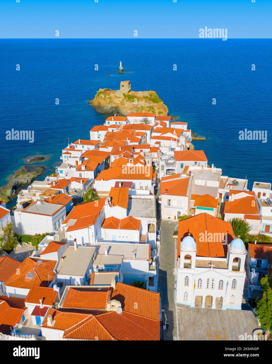 View of Chora town on the beautiful Andros island in Cyclades, Greece ...