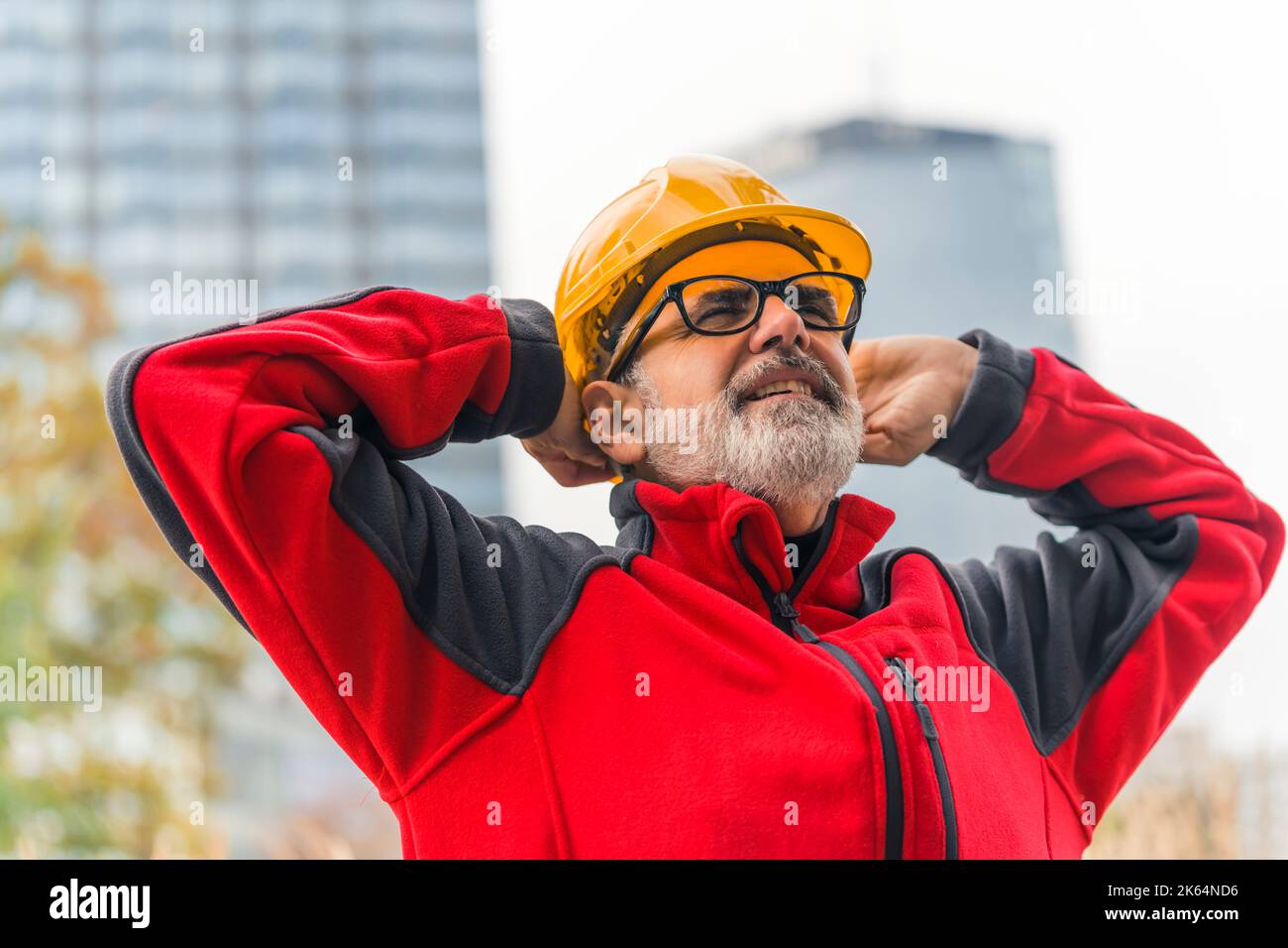 Male caucasian elderly construction worker with gray facial hair ...