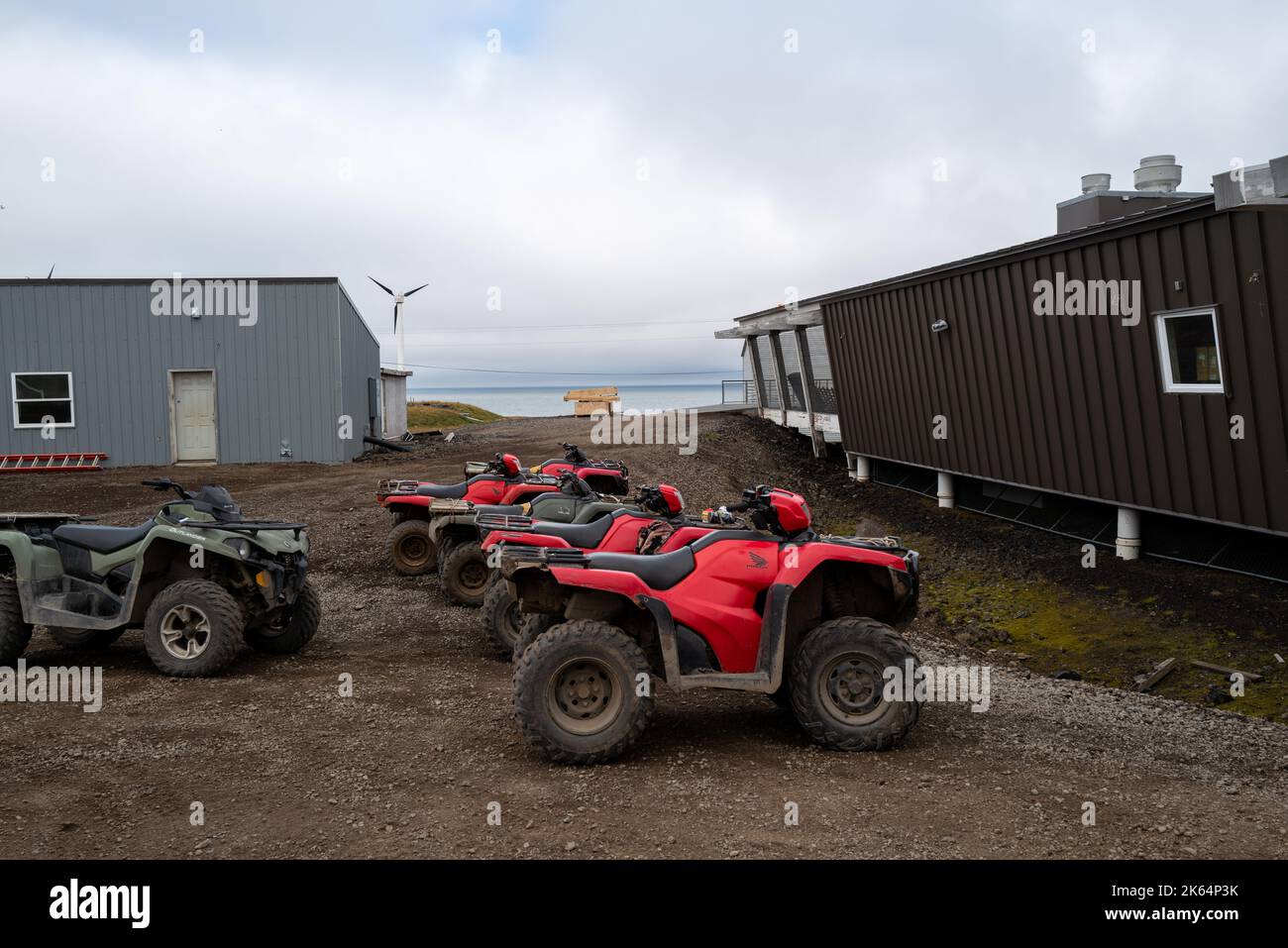 A view of quad bikes in a small indigenous town on St. Lawrence Island ...
