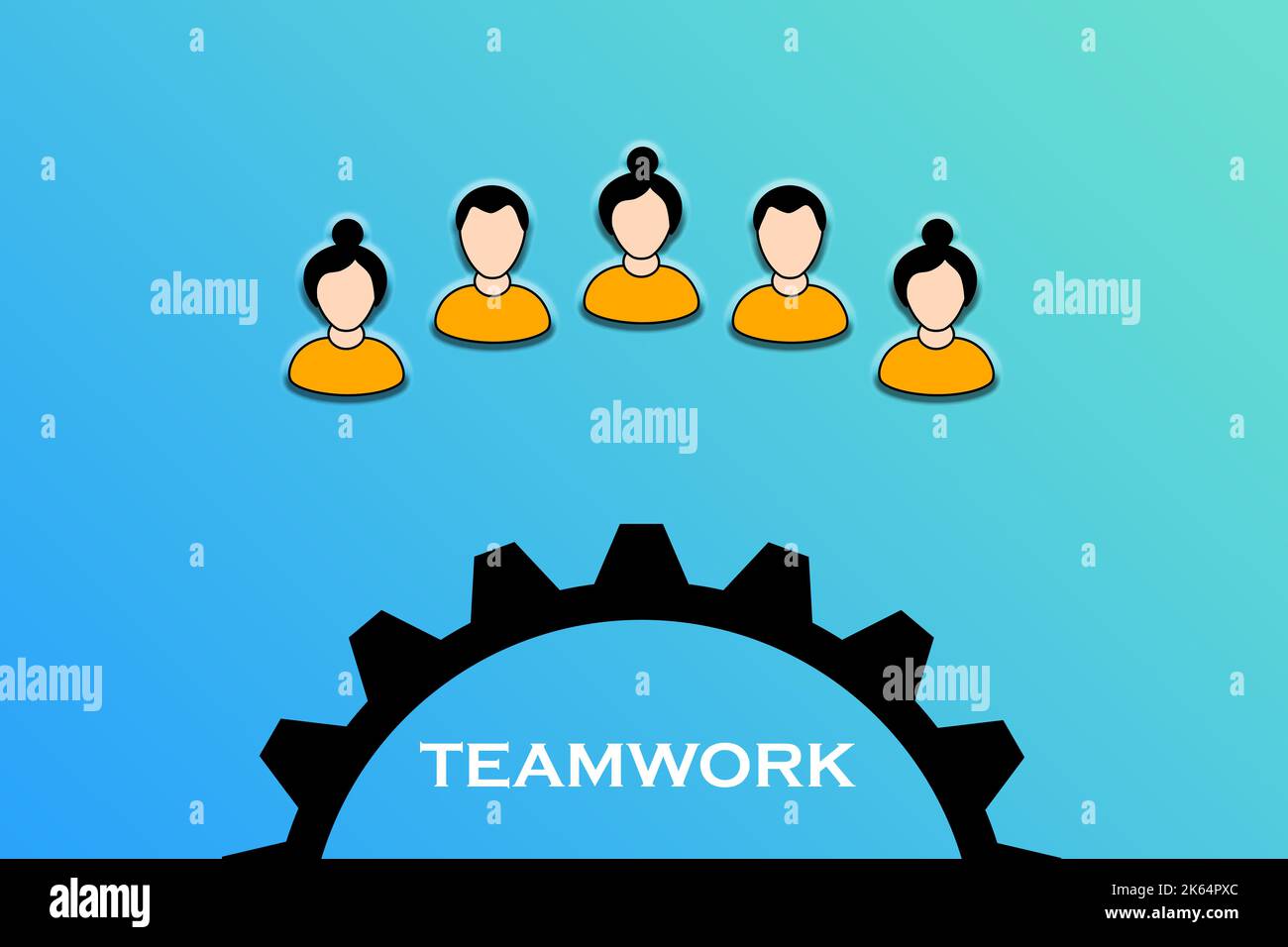 Avatars of team members forming a team above a toothed circle ...