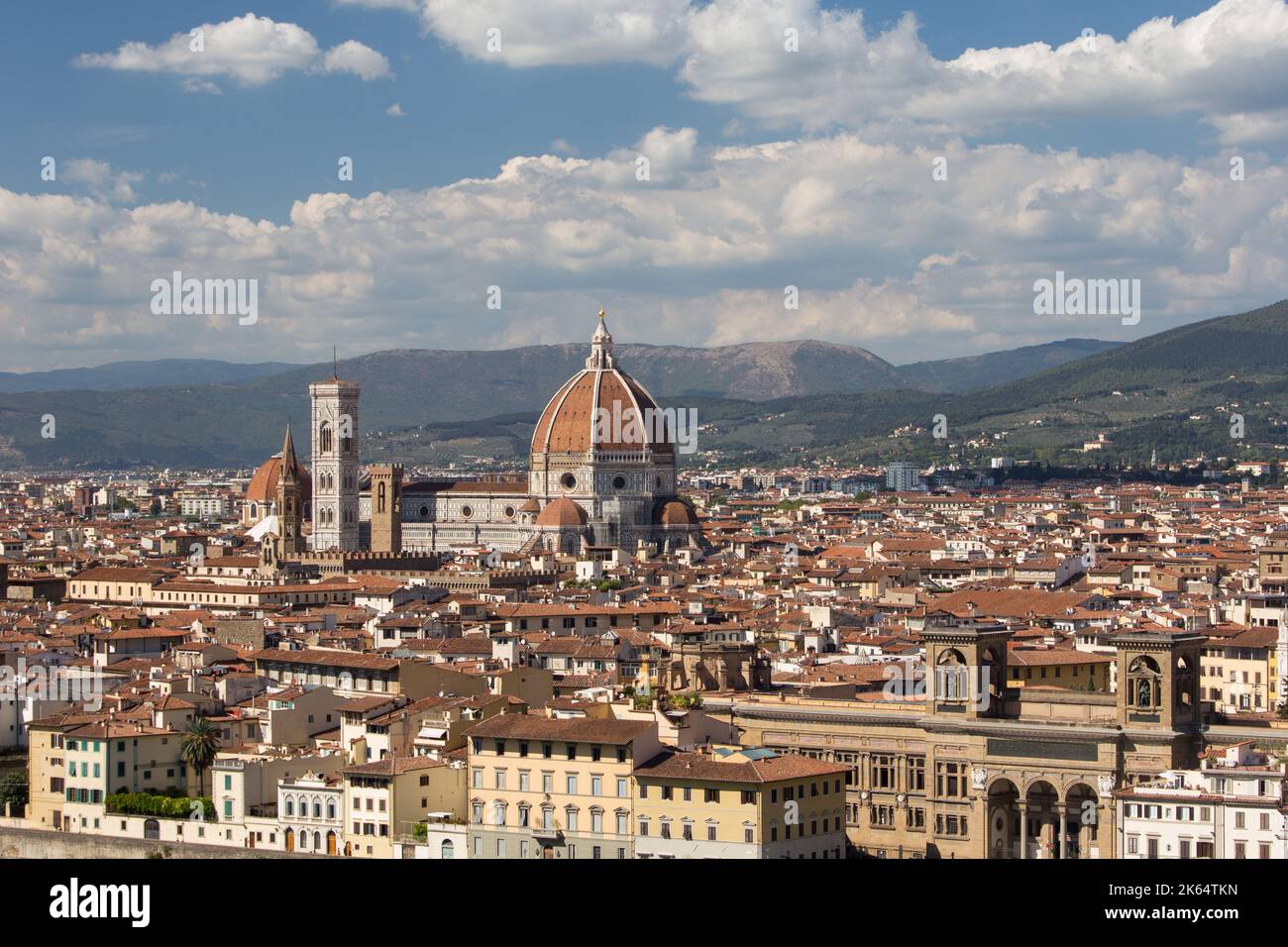 An aerial view of the city of Florence with a beautiful mountain on the ...