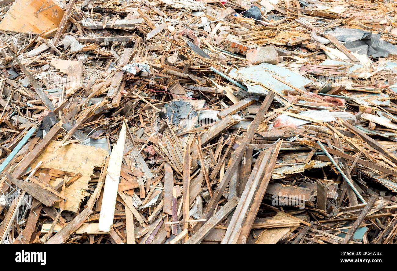Closeup view of a large pile of rubble and debris from a demolished ...
