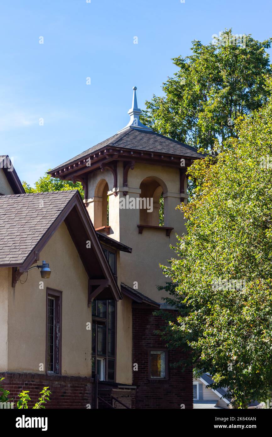 Upward architectural view of an early 20th century Spanish style church ...