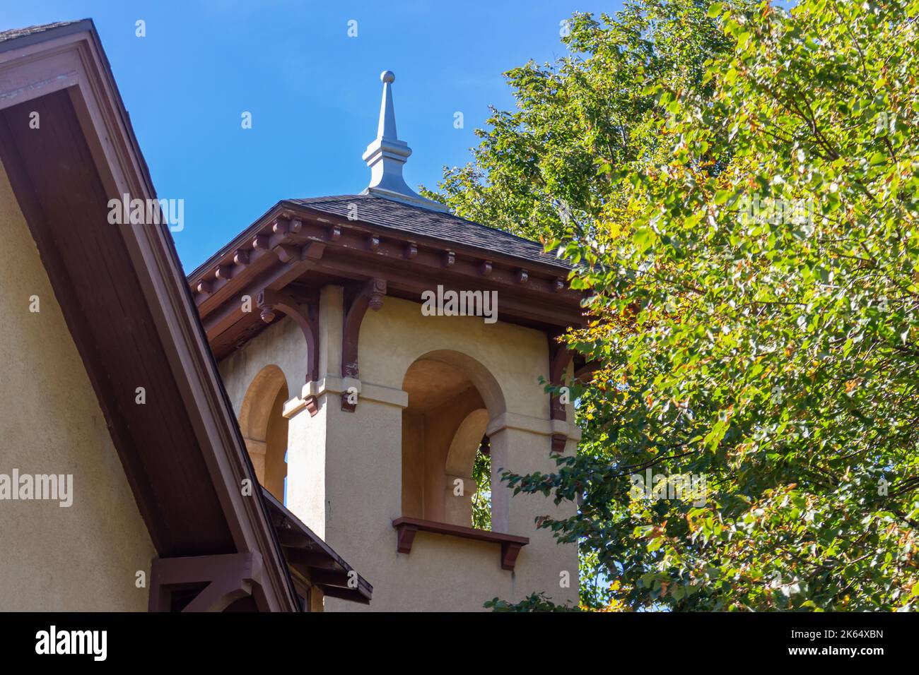 Upward architectural view of an early 20th century Spanish style church ...