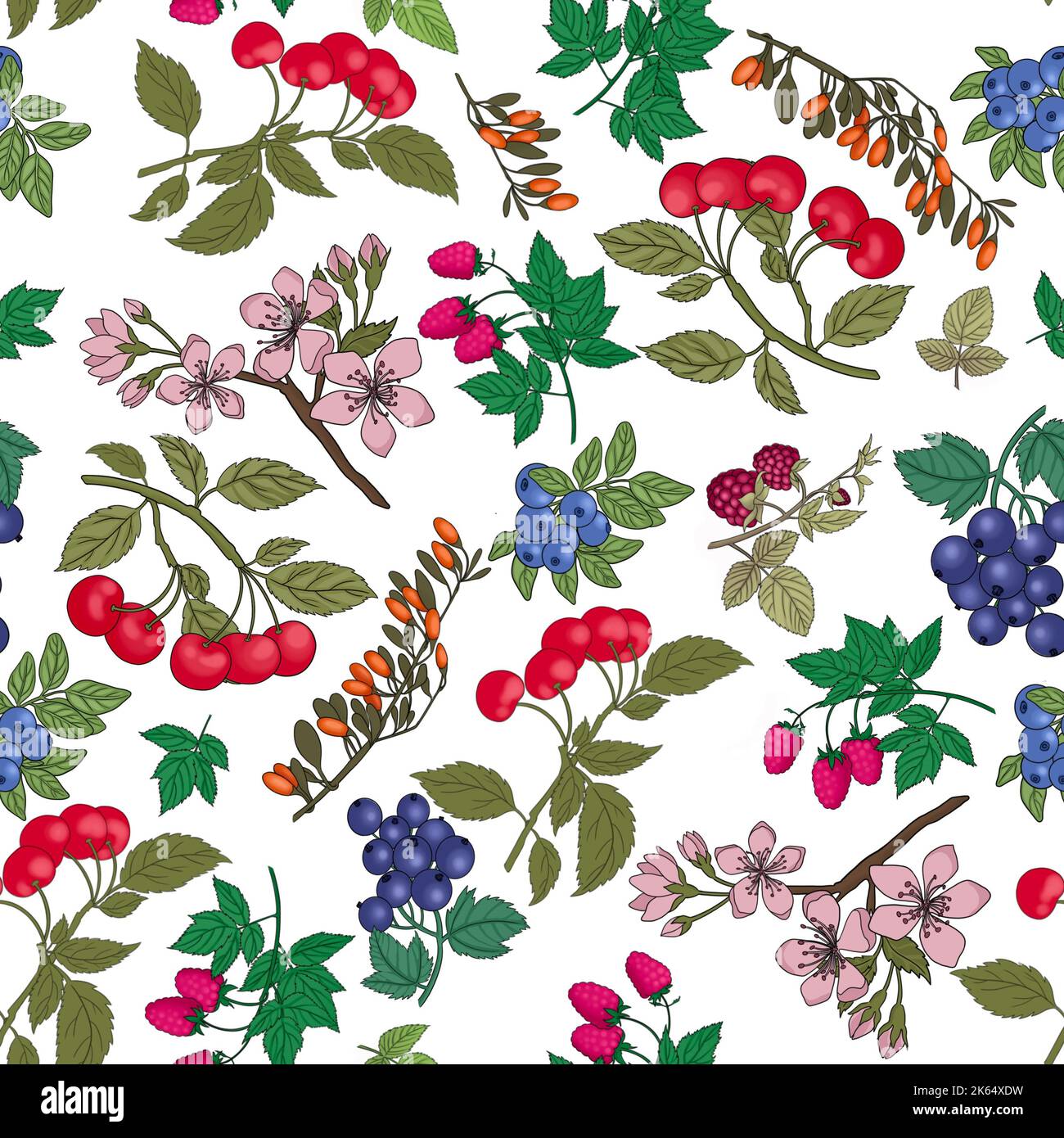 Hand drawn berry branches seamless pattern. Colorful background with ...
