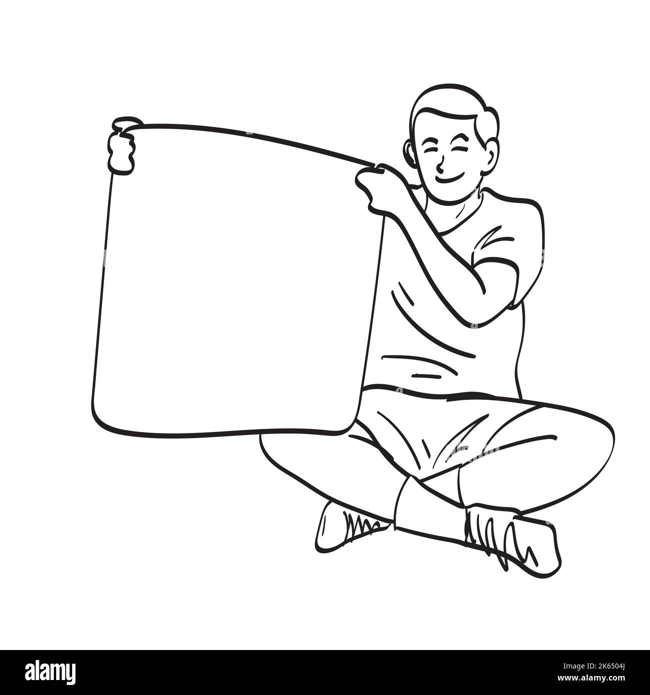 man sitting and holding blank sign illustration vector hand drawn ...