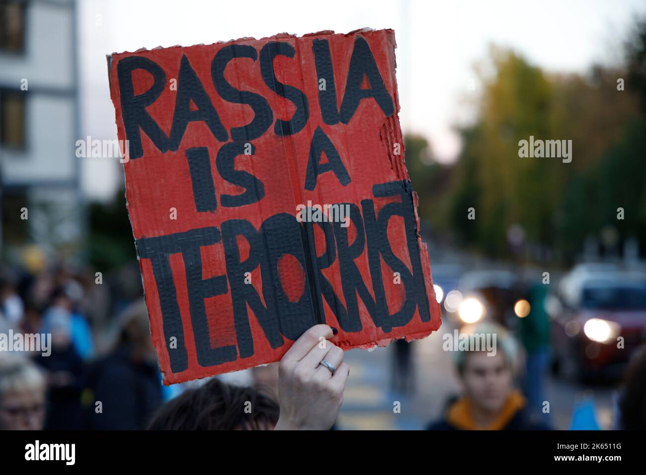 Warsaw, Poland. 10th Oct, 2022. A sign reading 'Russia is a terrorist ...
