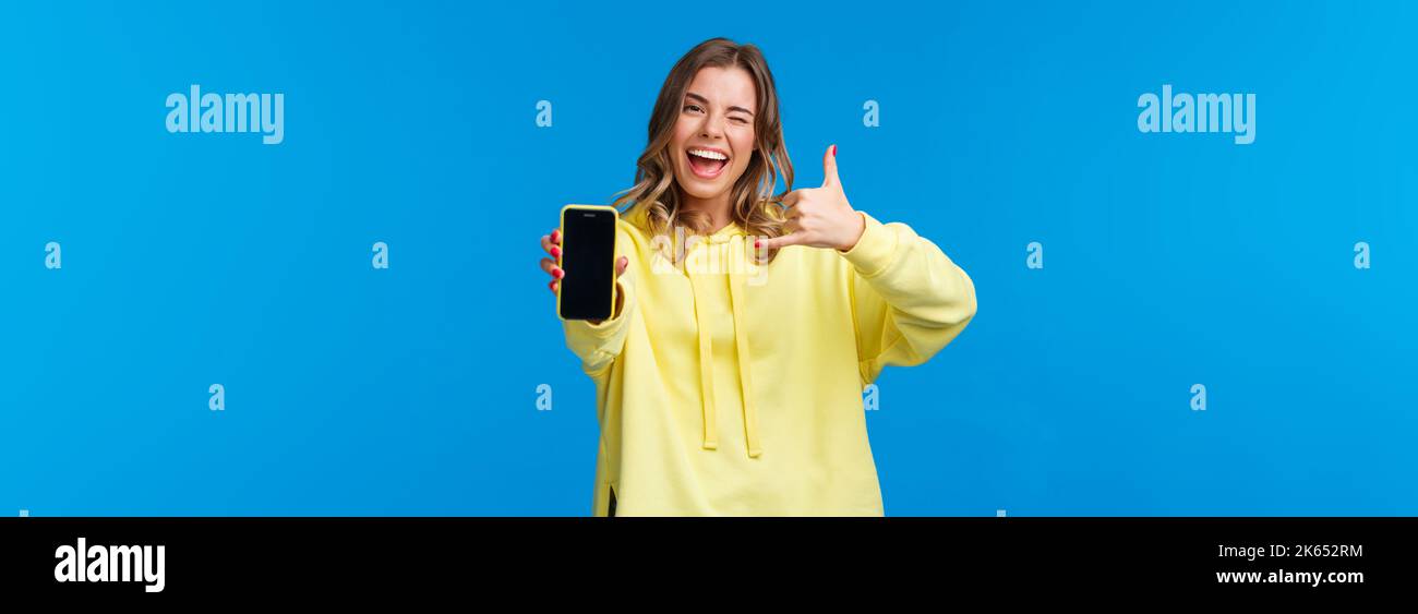 Girl say hit me up as trying get hot guy number, holding smartphone ...