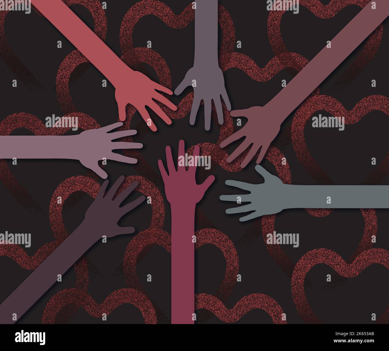 Hands from people of all colors are seen in a 3-d illustration about ...