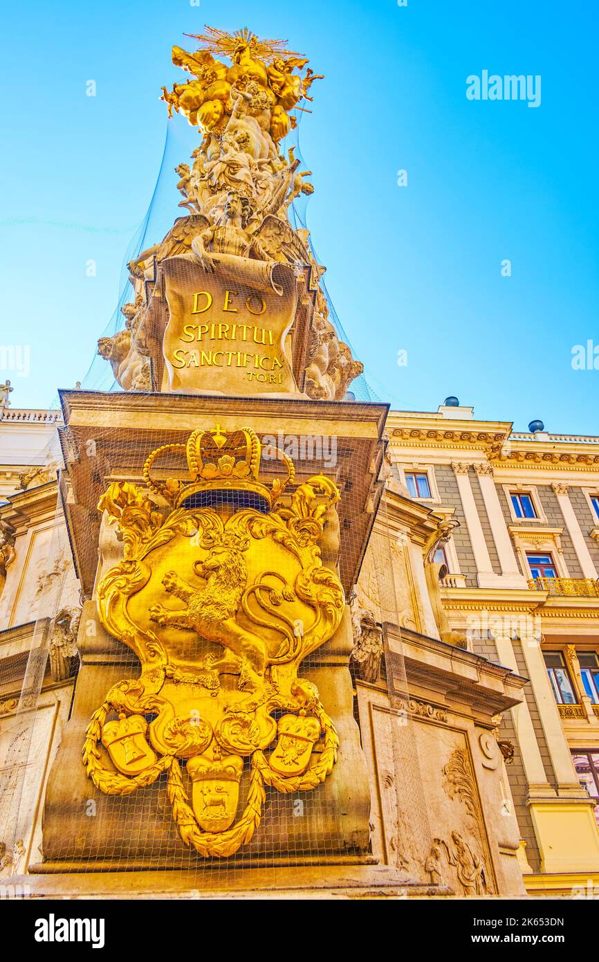The golden Coat of Arms on the basement of Wiener Pestsaule (Plague ...