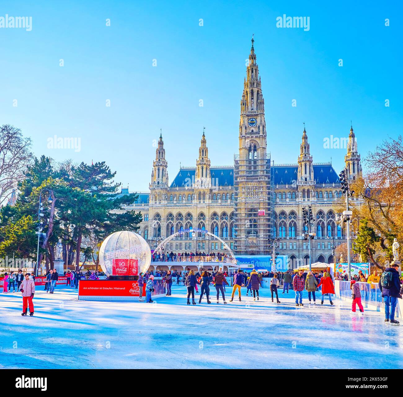 VIENNA, AUSTRIA - FEBRUARY 17, 2019: People enjoy skating on large ice ...