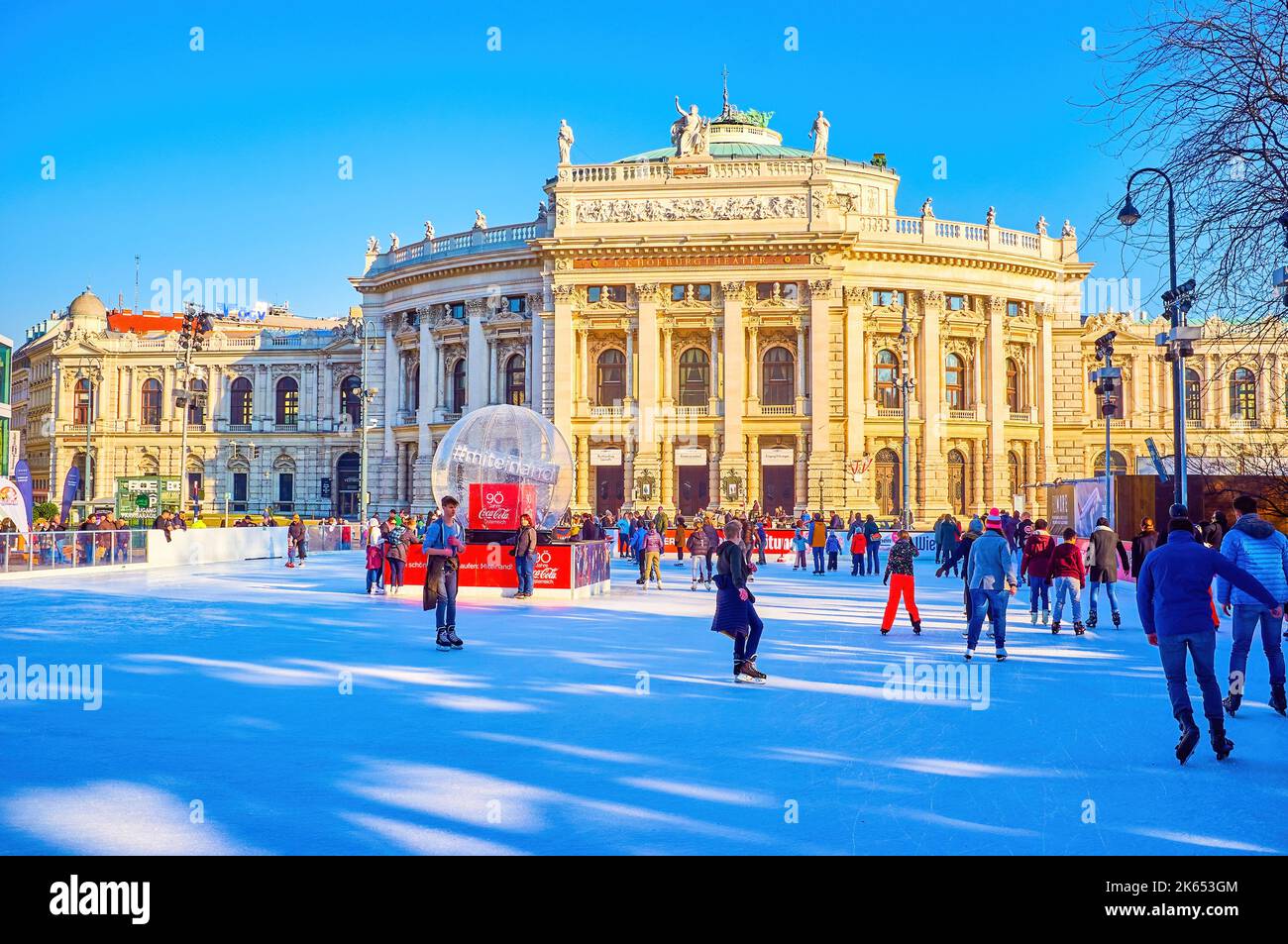 VIENNA, AUSTRIA - FEBRUARY 17, 2019: Large ice rink on Rathausplatz is ...