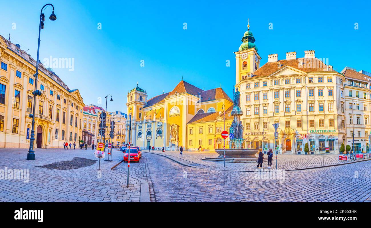 VIENNA, AUSTRIA - FEBRUARY 17, 2019: Panoramic view on Freyungplatz ...