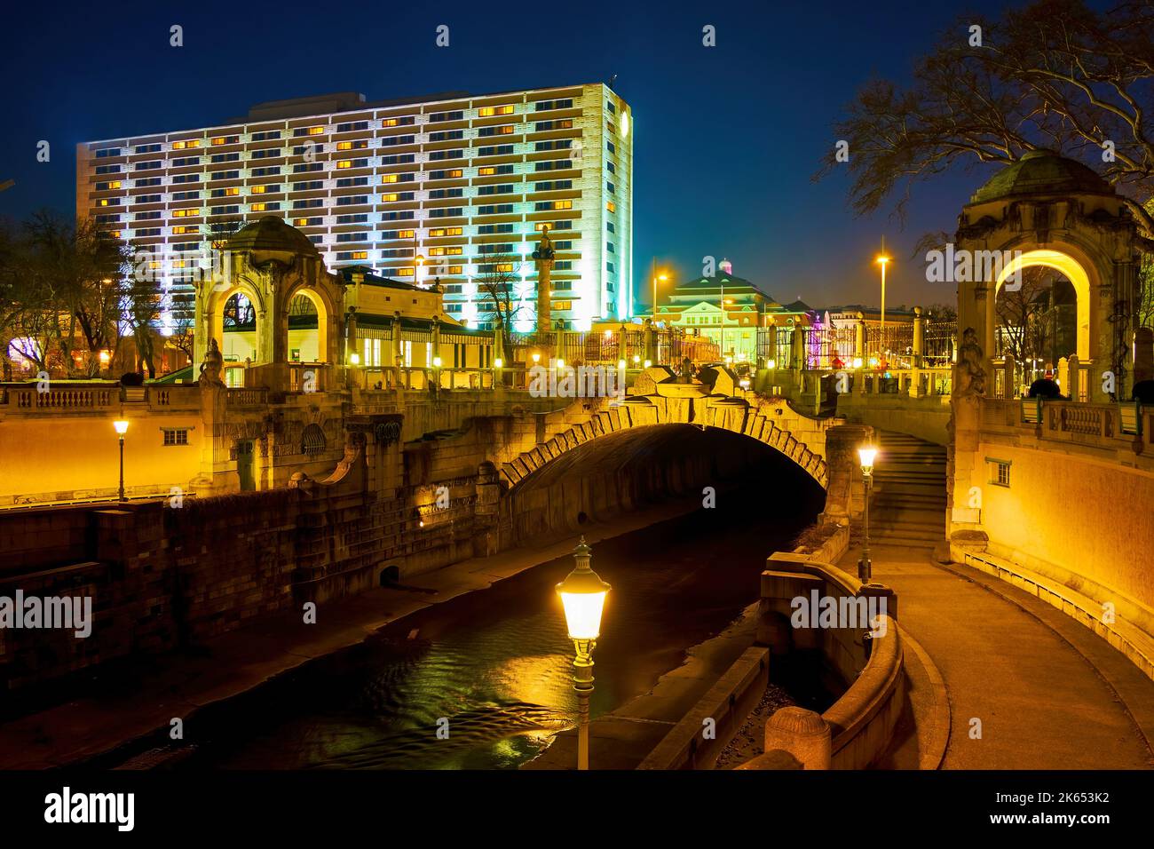 The illuminated Wienflussportal, the scenic Art Nouveau complex with a ...