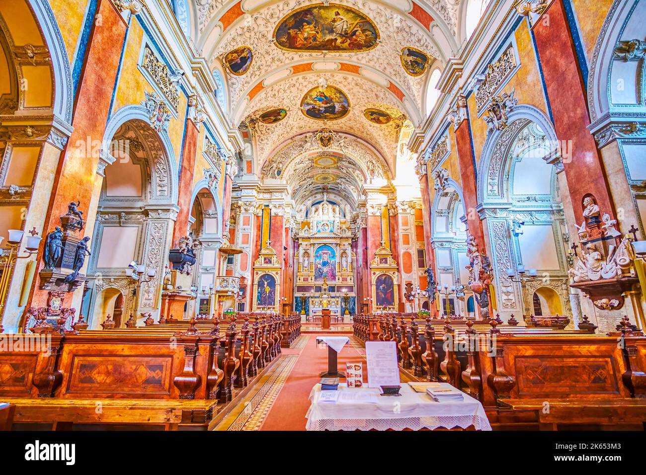 VIENNA, AUSTRIA - FEBRUARY 17, 2019: Prayer hall of Schottenkirche ...