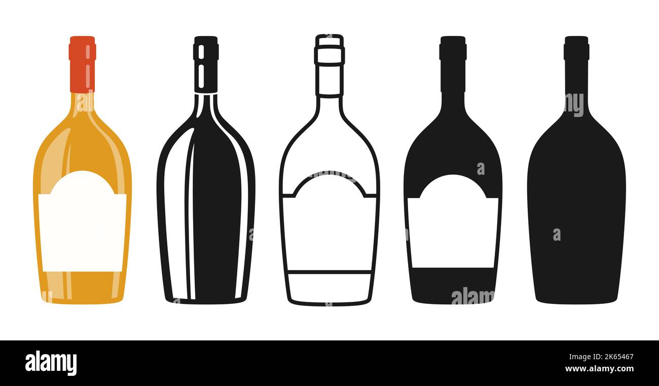 Wine bottle and empty label set, silhouette, icon, stamp engraving ...