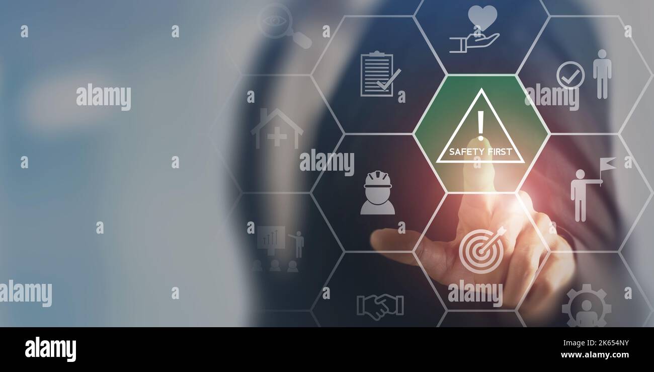 Safety first and work safety concept. Safety at workplace, safety first ...