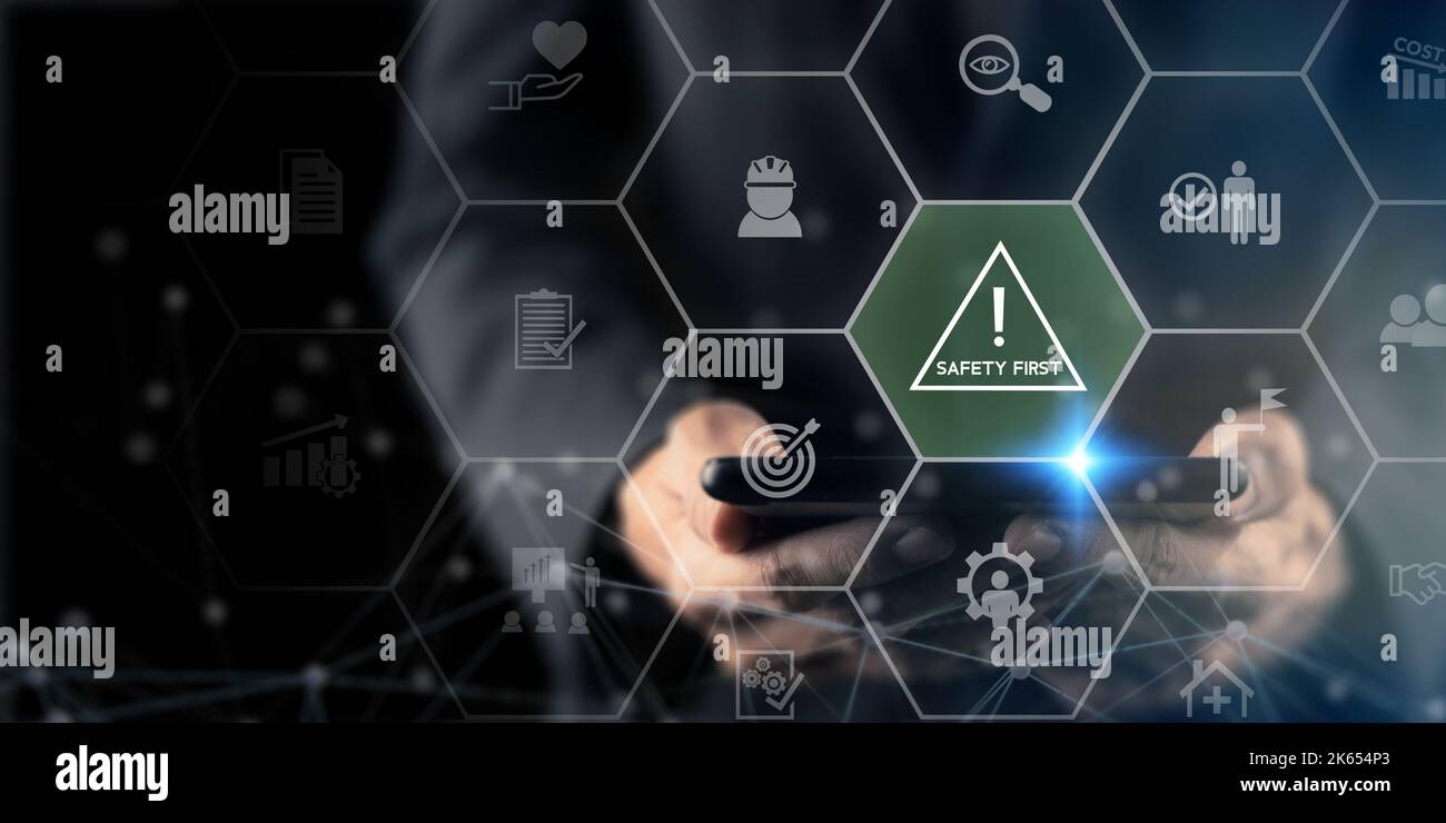 Safety first and work safety concept. Safety at workplace, safety first ...