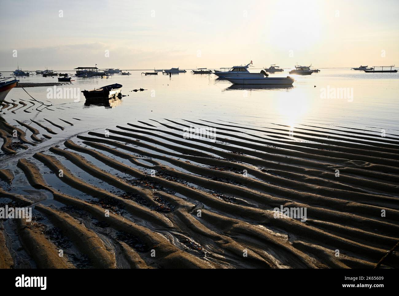 Ripples in The Sand & Fishing Boats at Low Tide, Dawn, Sanur, Bali ...