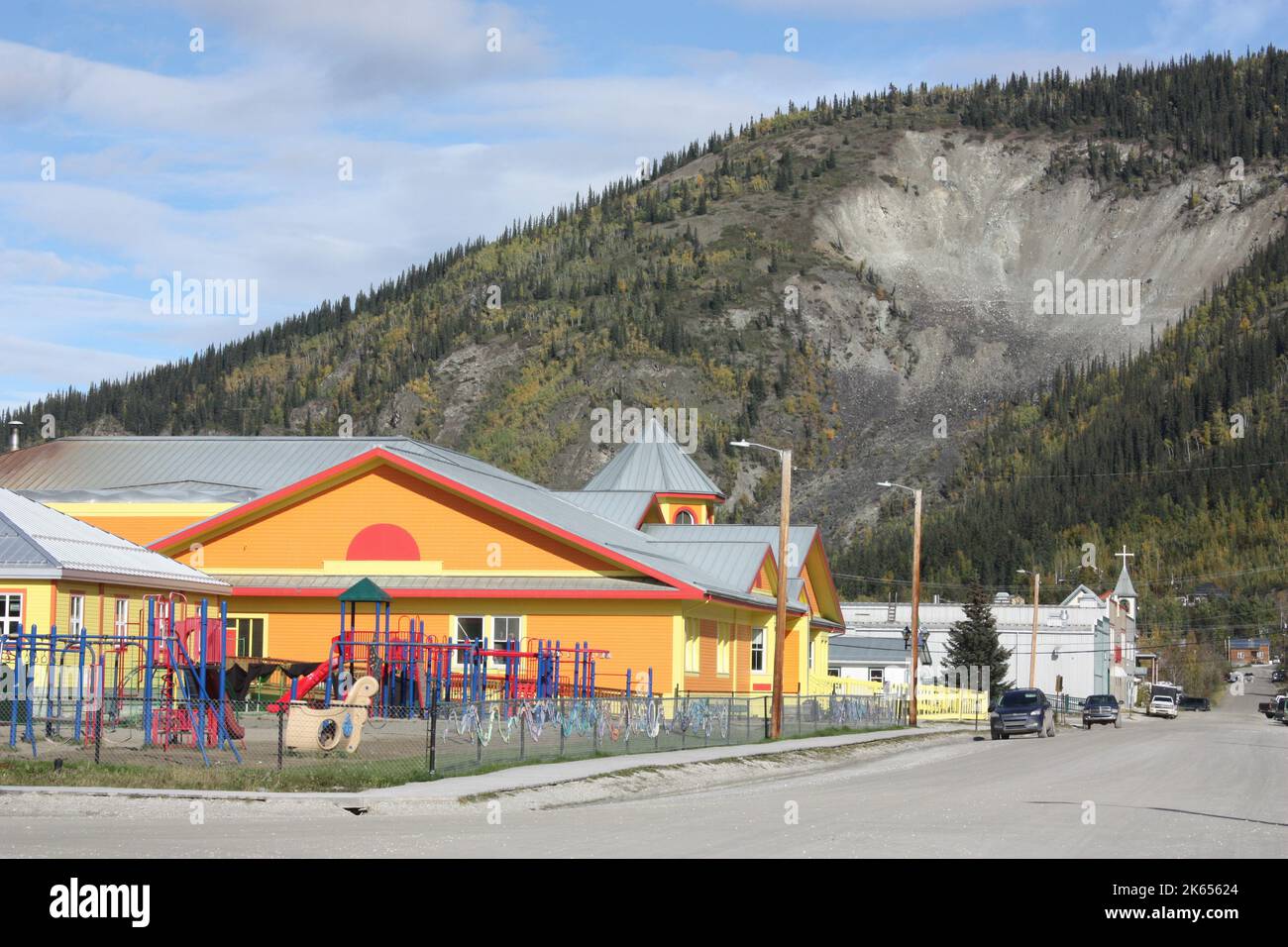 View of the Moosehide Slide above Dawson City in the Yukon Territory ...