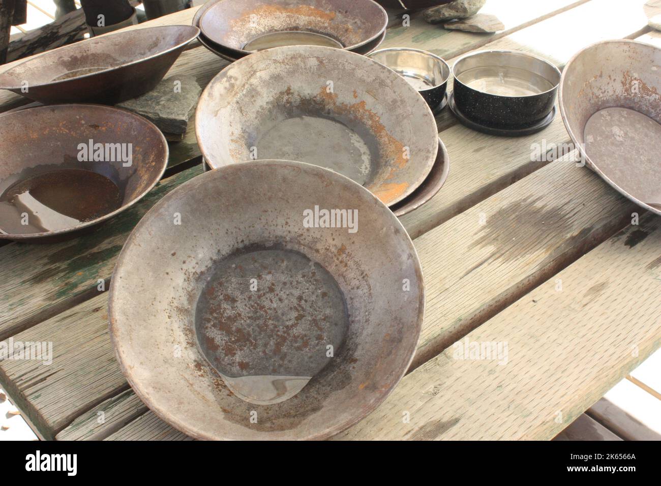 Traditional gold pans at the Goldbottom Mine near The Klondike River in ...