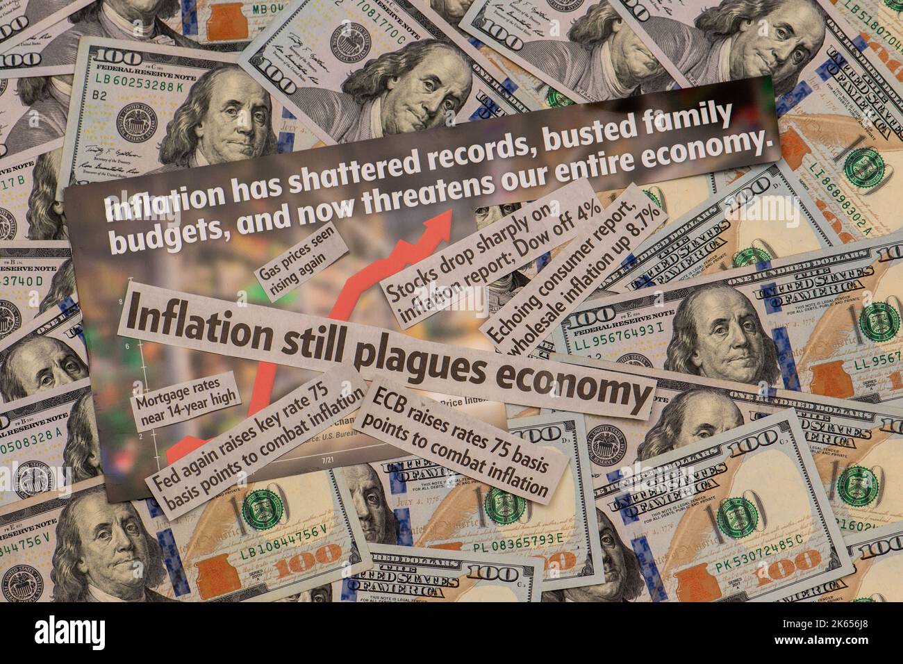 Still life of inflation with money and rising arrow on chart Stock ...