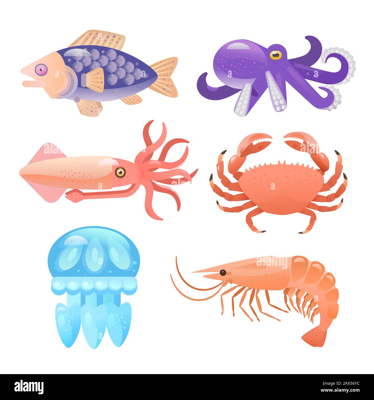 Set of sea animals. Fish, crab, mollusks and shrimp. Underwater marine ...