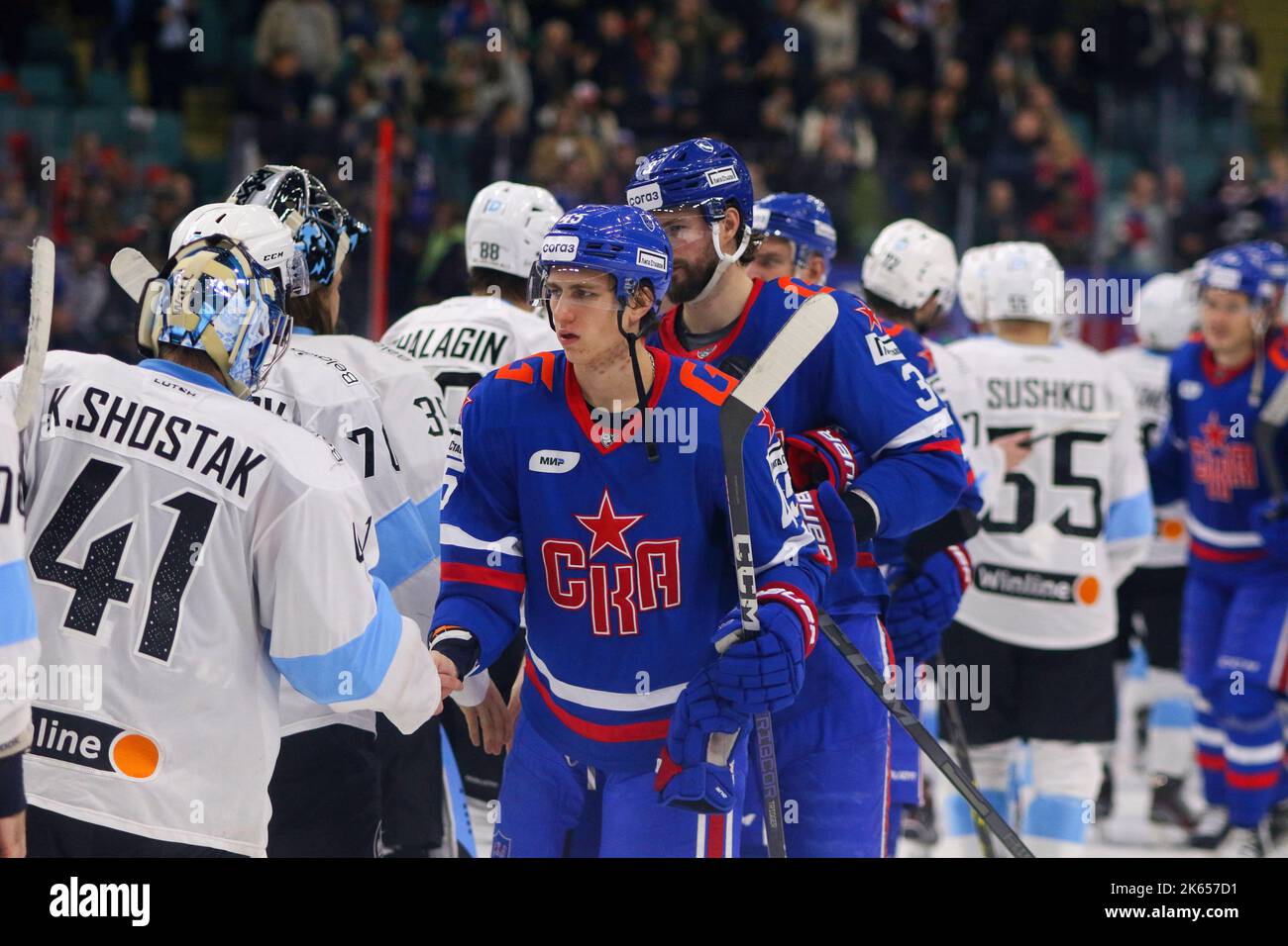 SKA Hockey Club player Daniil Pylenkov (C) and Dinamo Hockey Club ...